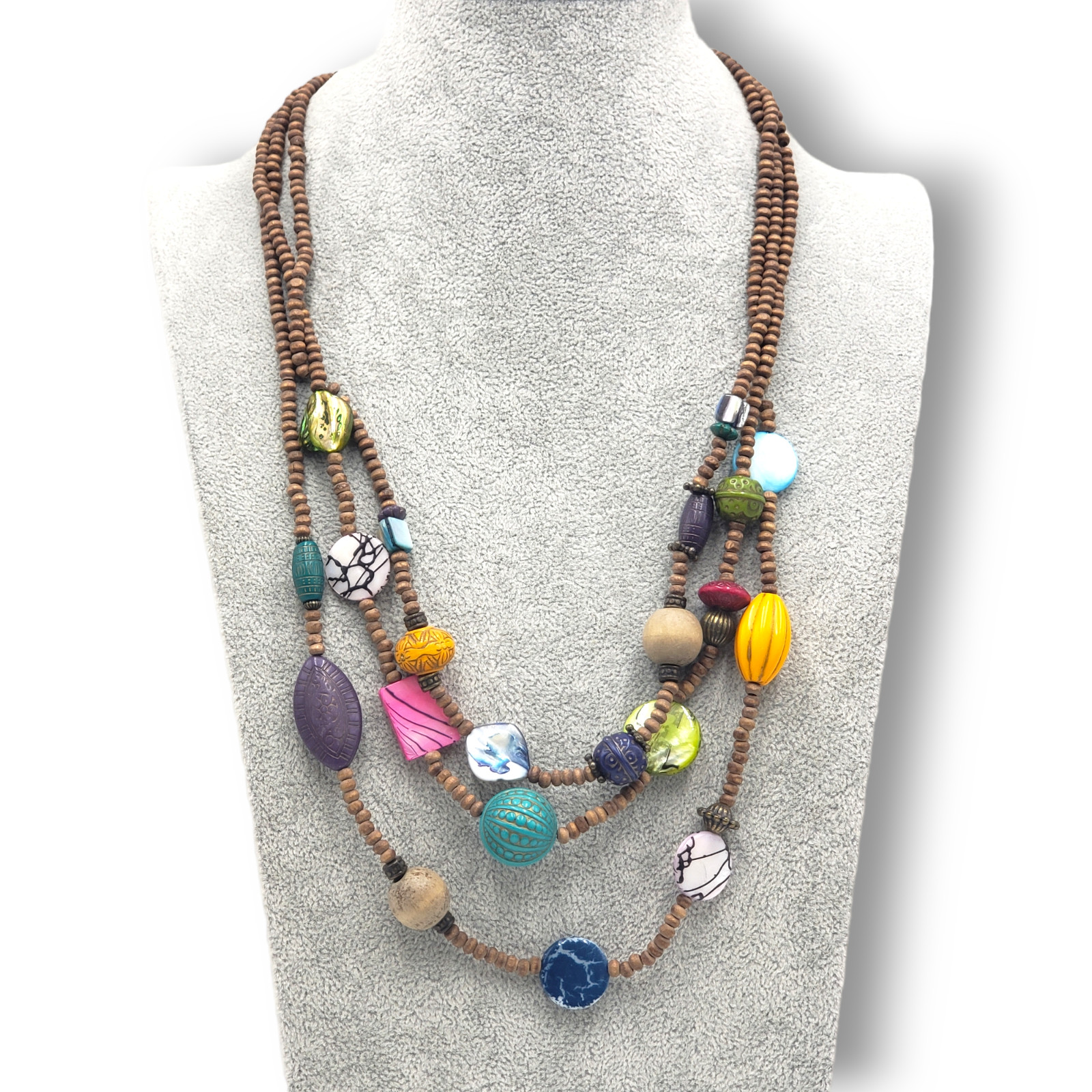 Multi Strand Colorful Mixed Bead Wood Strand Necklace… - Gem