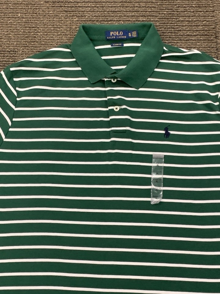 New Polo Ralph Lauren Classic Fit Polo Green Striped Pony Golf Shirt ...