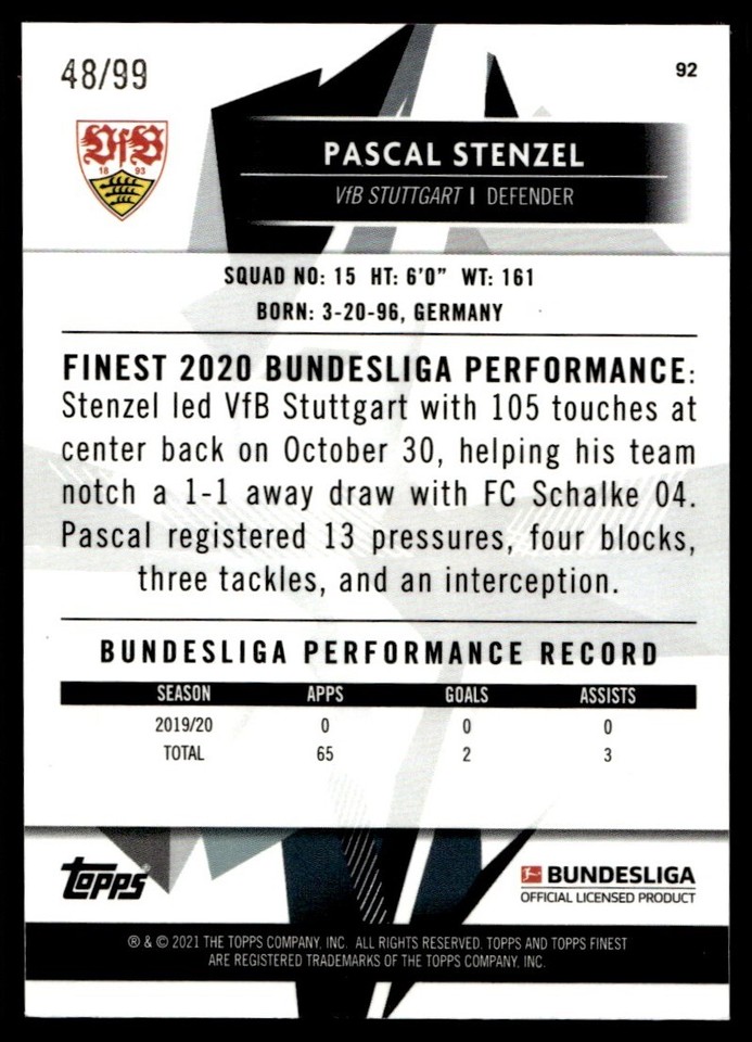 2021 Topps Finest Bundesliga Green Wave Pascal Stenzel /99 #92 | eBay