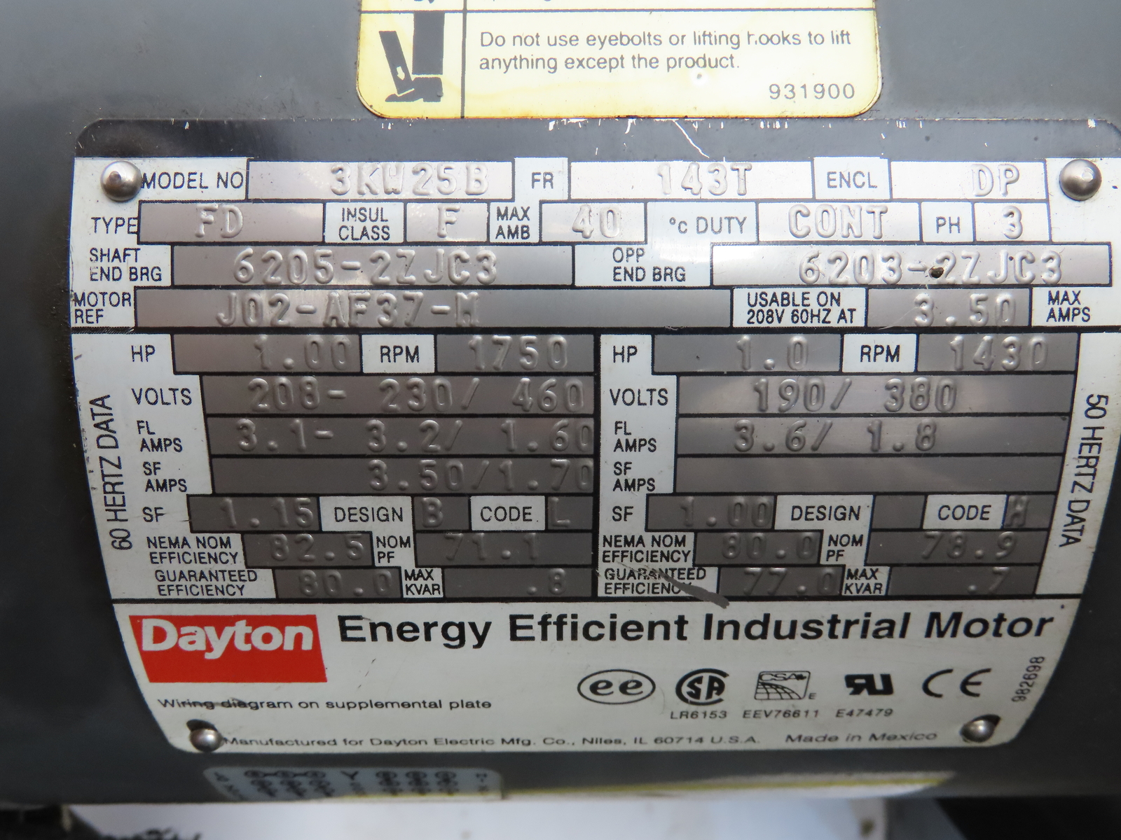 DAYTON 3KW25B ELECTRIC MOTOR 1750 RPM 108-230/460 FRAME 143T for sale ...