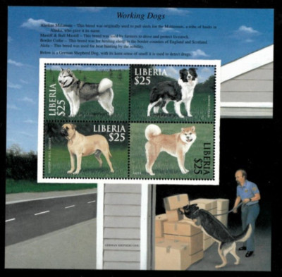 Liberia 2002 - Working Dogs - Akita, Alaskan Malamute - Sheet of 4 ...