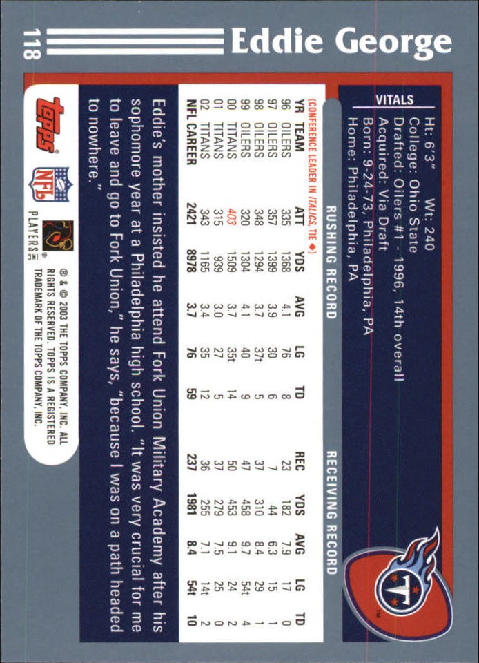 2003 Topps Football Card #118 Eddie George | eBay