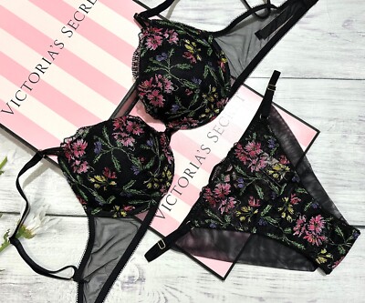 Victoria's Secret Very Sexy Push Up Floral Embroidery Bra Cheeky Set ...
