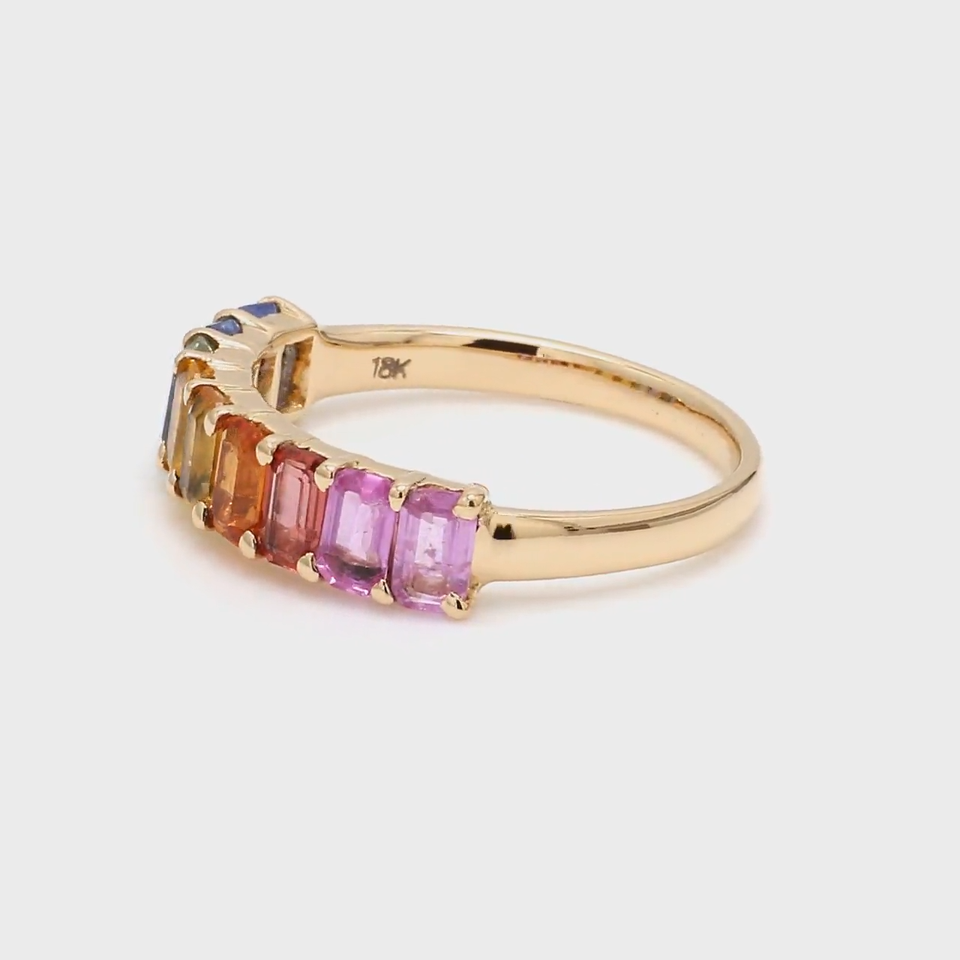 Octagon Cut Rainbow Sapphire Half Eternity Ring Solid 14KYellow Gold ...