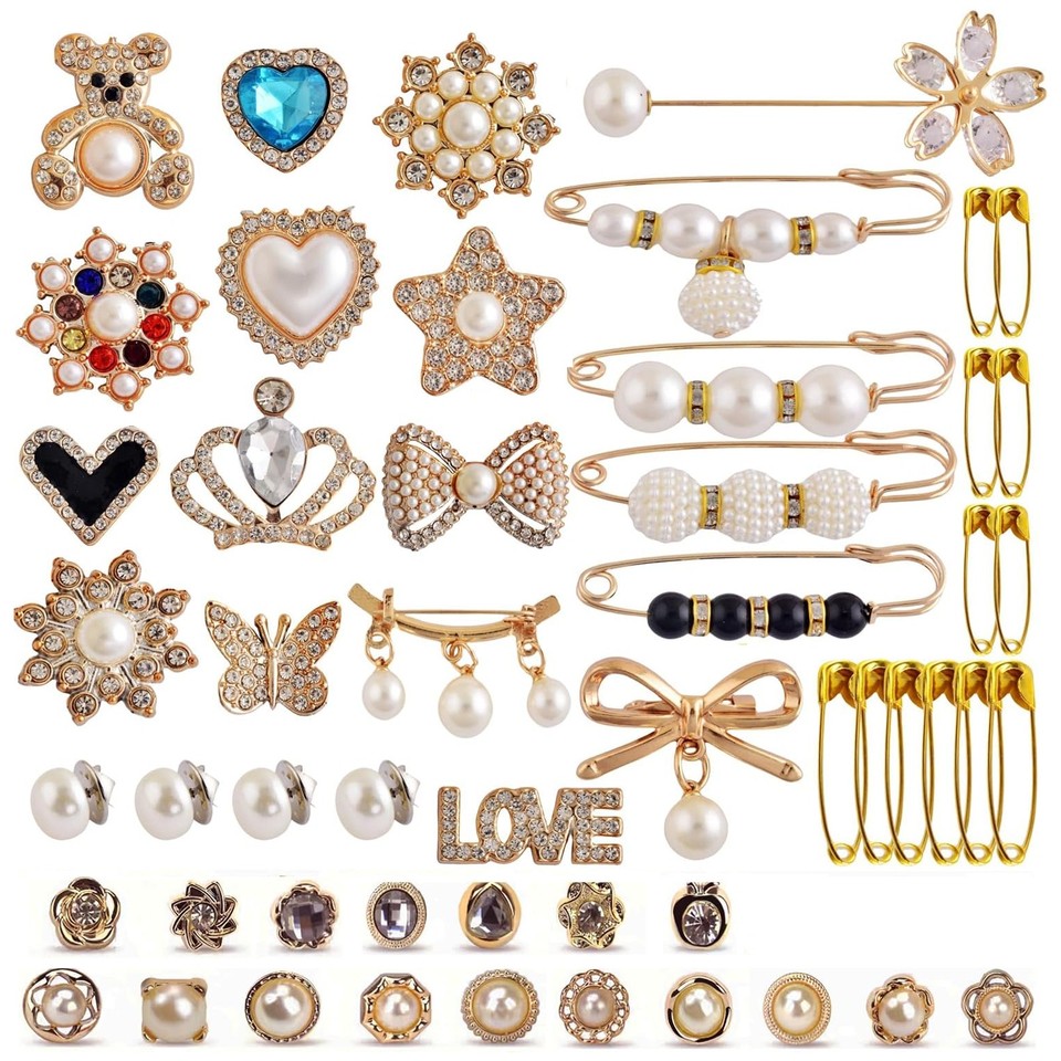 55Pcs Clothes Charms Metal Brooches and Pins Rhinestone Pearl Button ...
