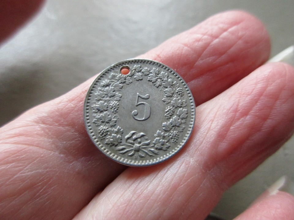 ANTIQUE VINTAGE SWISS SILVER 1958 5 RAPPEN COIN TOKEN FOB LUCKY CHARM ...