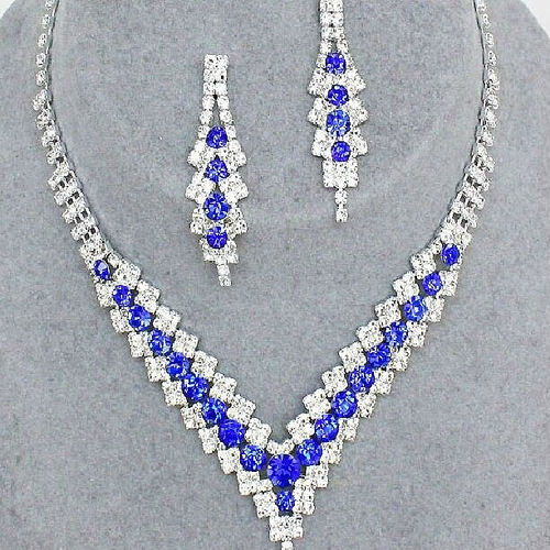 POPULAR WATERFALL V ROYAL BLUE & CLEAR CRYSTAL PROM FORMAL NECKLACE ...