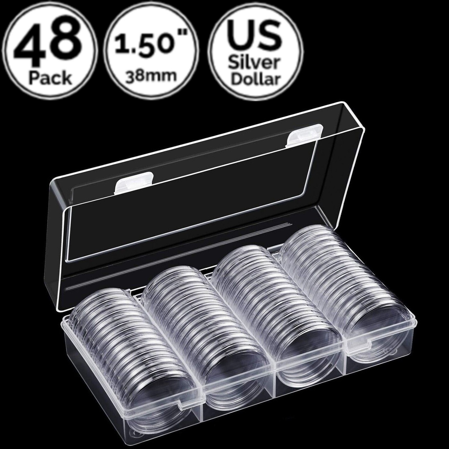 48 Pack 1.50 IN 38 mm Coin Capsule Holders w/ Storage Case Fit US ...