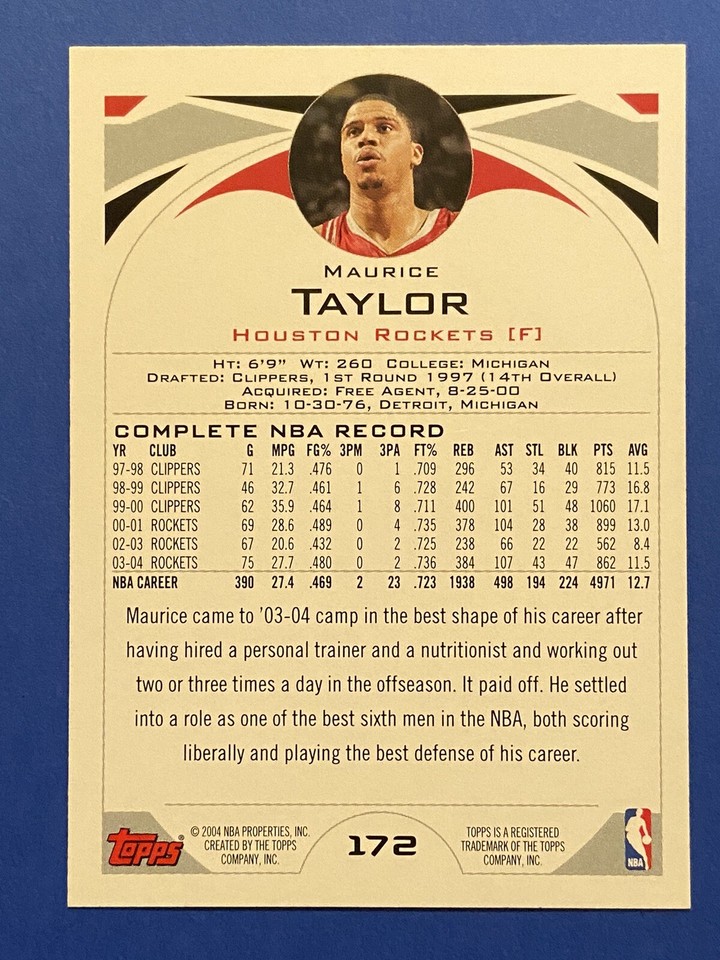 MAURICE TAYLOR Signed 2004-05 Topps #172 Houston Rockets Michigan ...