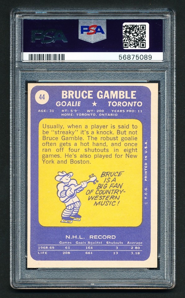 1969 TOPPS HOCKEY 44 BRUCE GAMBLE MAPLE LEAFS GOALIE PSA 7 NR MINT | eBay