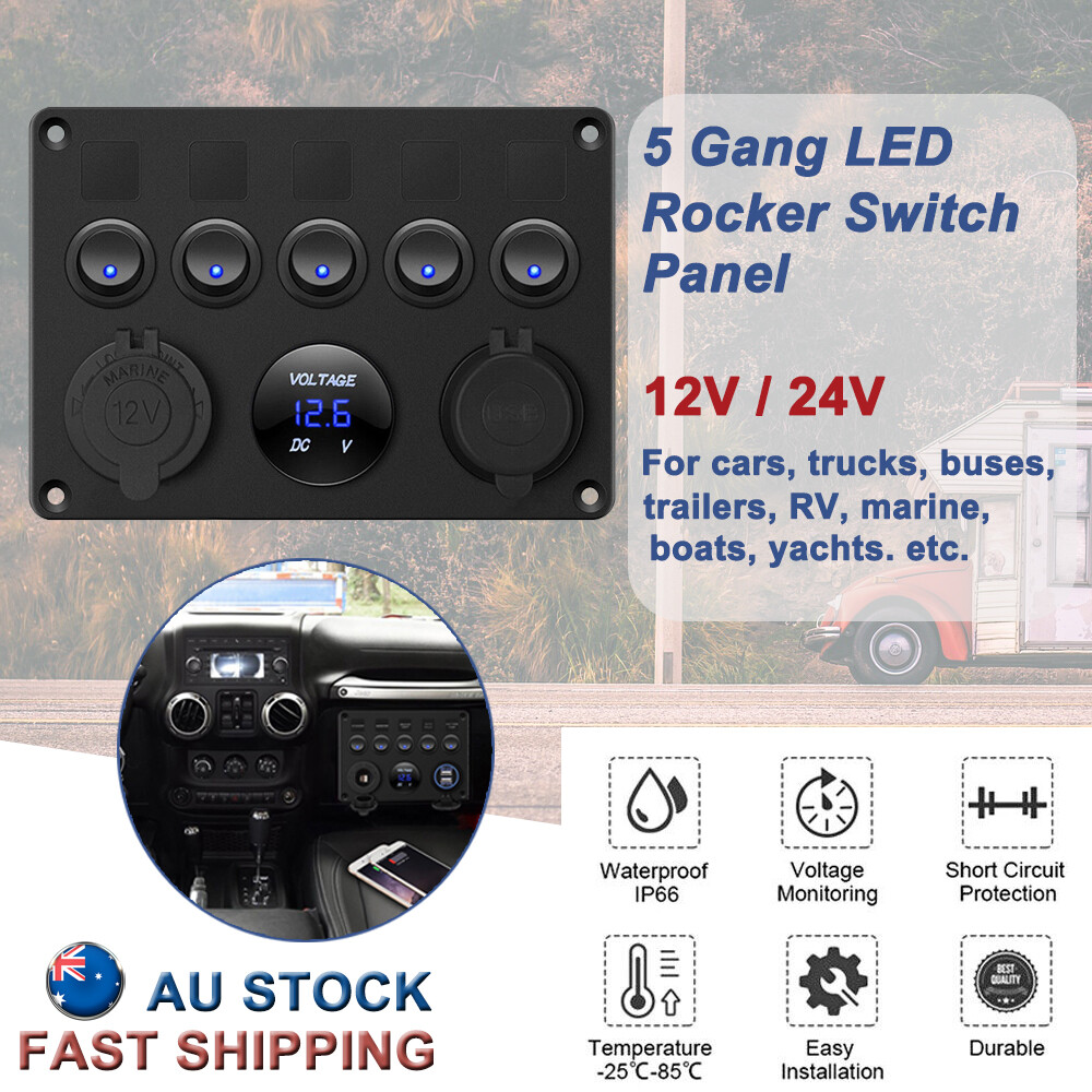 12V Switch Panel USB Charger 5 GANG ON-OFF Toggle LED Rocker for Car ...