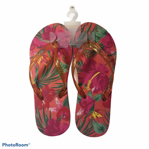Pink Hibiscus Womens Tropical Palm Mixit Glitter Flip Flops Sandals US ...