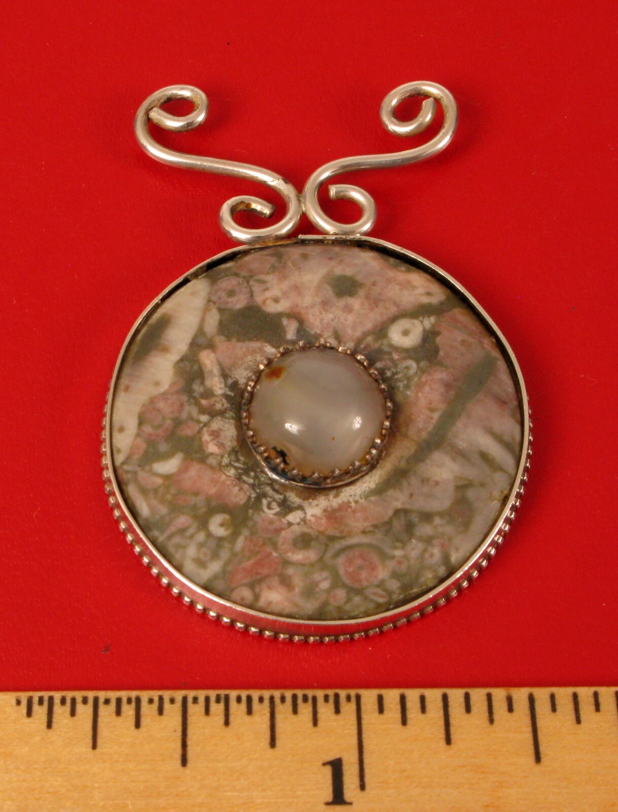 VINTAGE MOONSTONE ? JASPER ? STERLING SILVER ? ROUND PENDANT NICE !! | eBay
