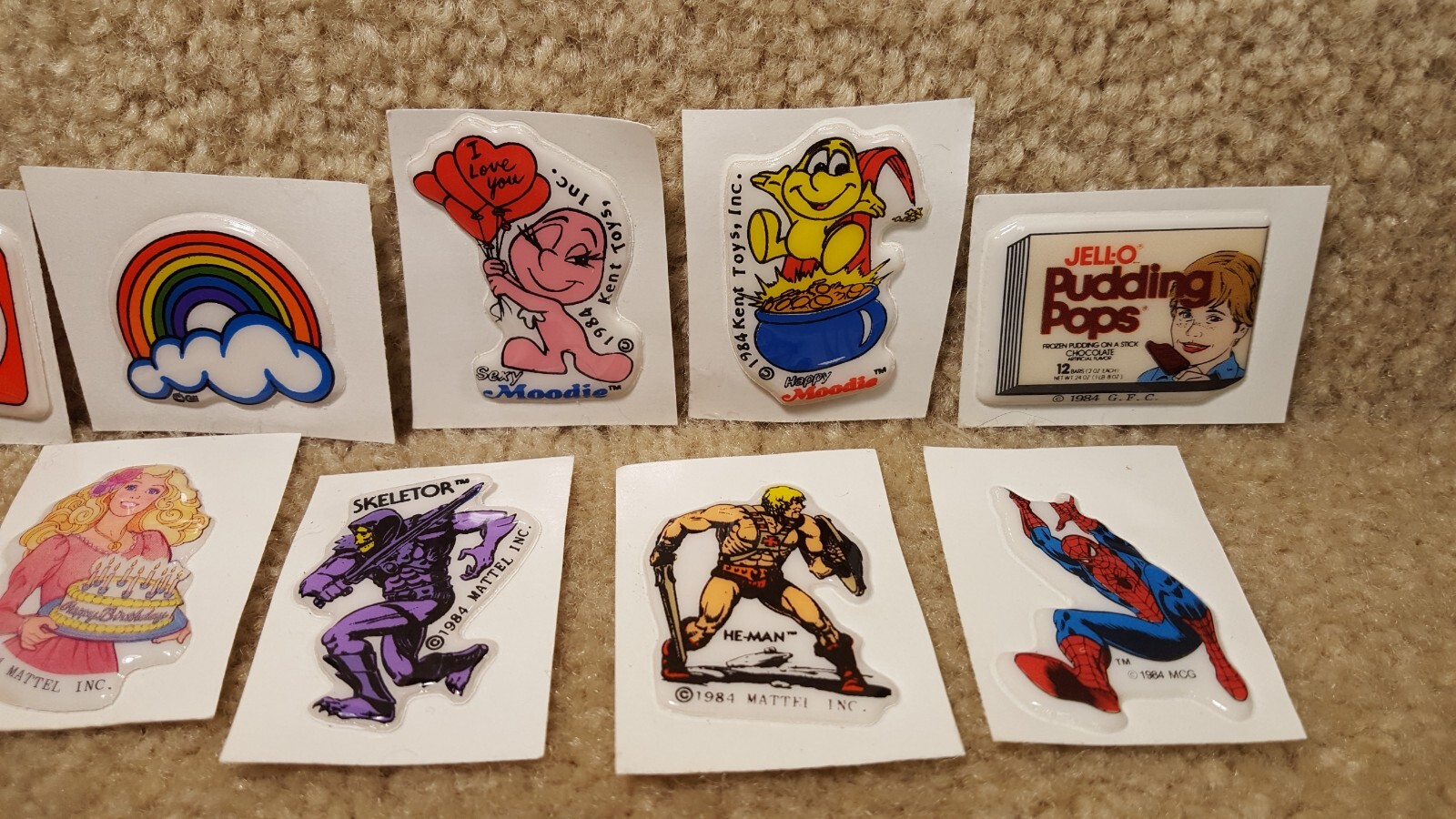 10 Puffy Stickers 1984 He Man Skeletor Spiderman Barbie Alvin Chipmunks ...