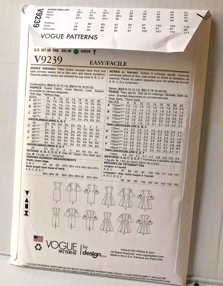 Vogue PATTERN V9239 MISSES DRESSES - 6 Styles - Sizes 6-14 CustomFit ...