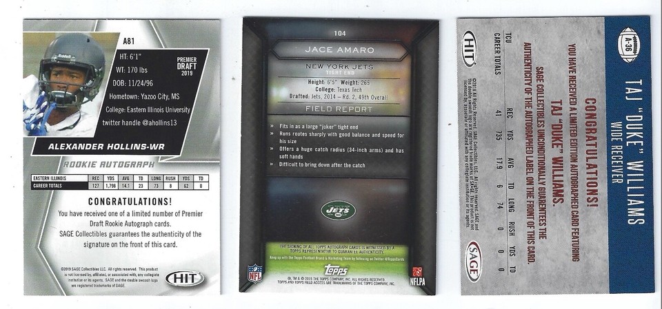 3 Football Autos: Alexander Hollins, Jace Amaro, Taj "Duke" Williams | eBay