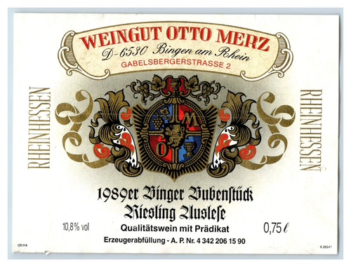 1970's-80's Weingut Otto Merz Binger Reisling German Wine Label ...