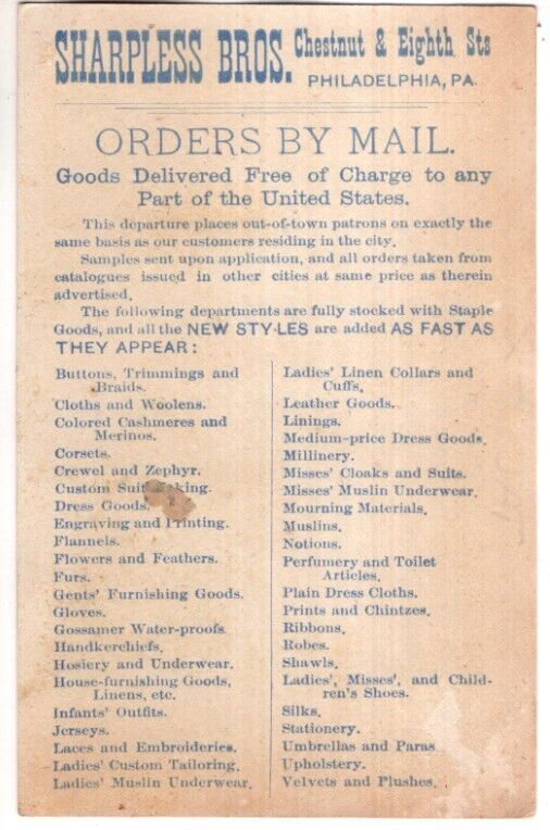ANTIQUE ADVERTISING / TRADE Card SHARPLESS BROS. - PHILADELPHIA, PA | eBay