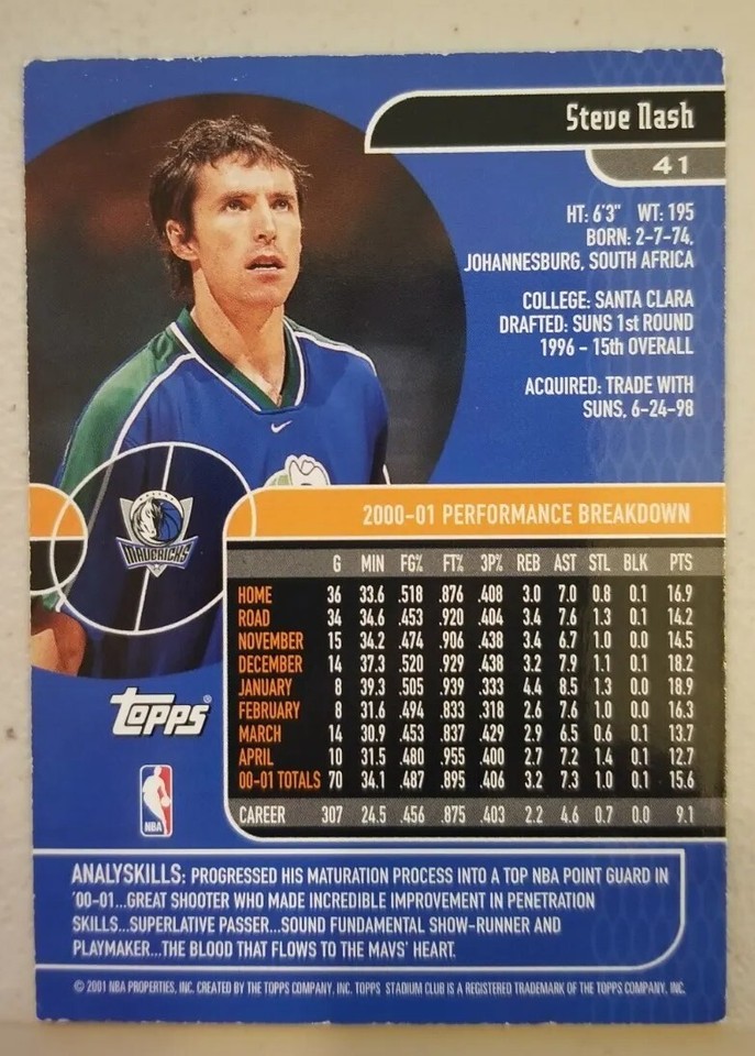 STEVE NASH Dallas Mavericks 2001-02 TOPPS STADIUM CLUB CARD #41 | eBay