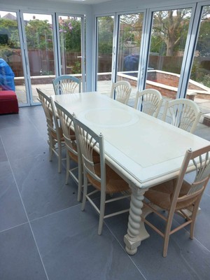 French, 'De Tonge' Dining Table +8 Chairs, solid wood with carved ...