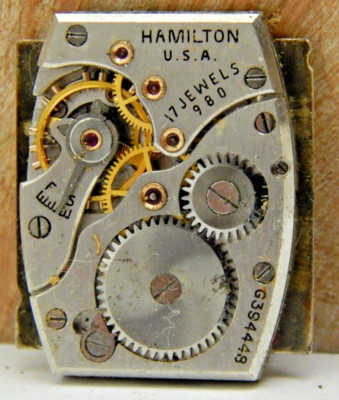 Vintage 1942 Hamilton 980 17 jewel men's art deco wrist watch movement ...
