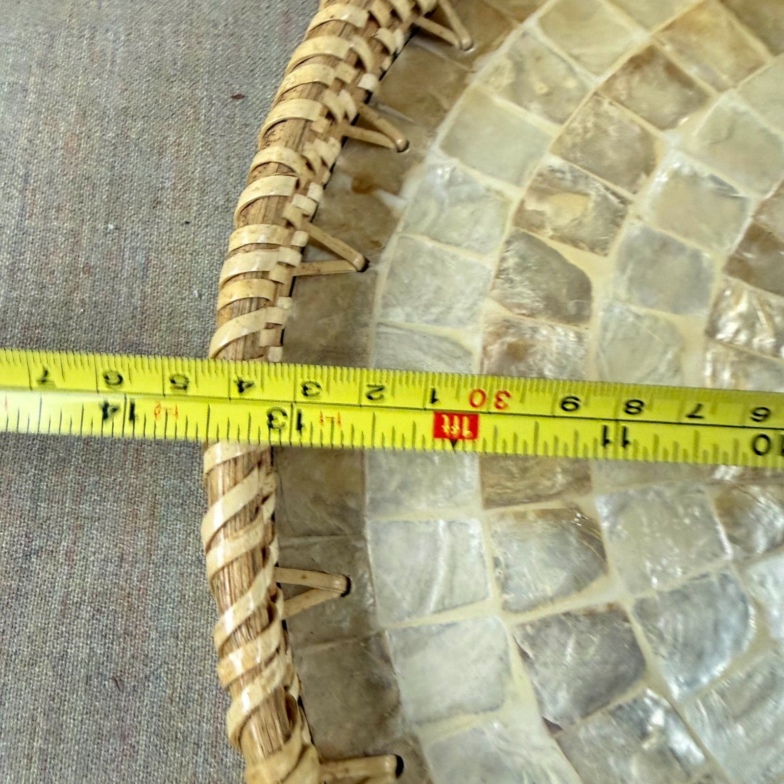 Vintage Capiz Shell Mosaic Serving Tray Woven Rattan Rim Coastal Boho ...