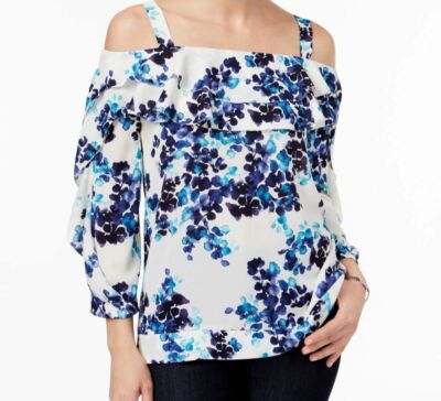 $150 Nydj Women's Blue Ruffled Long Sleeve Off The Shoulder Blouse Top ...