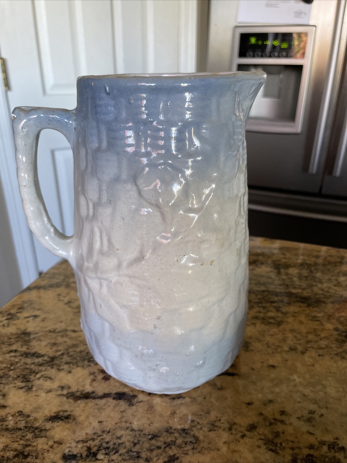Antique Blue & White Stoneware Basketweave & Morning Glory Pitcher 8 3/ ...