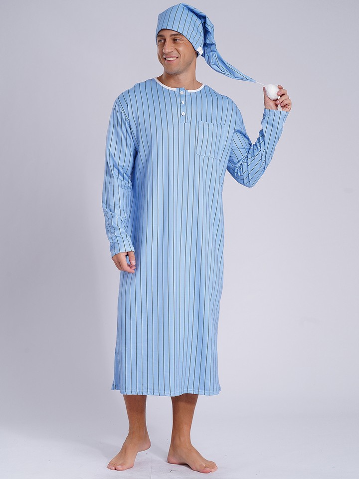 Mens Soft Loose Sleepwear Striped Long Sleeve Nightshirt Sleeping Cap ...