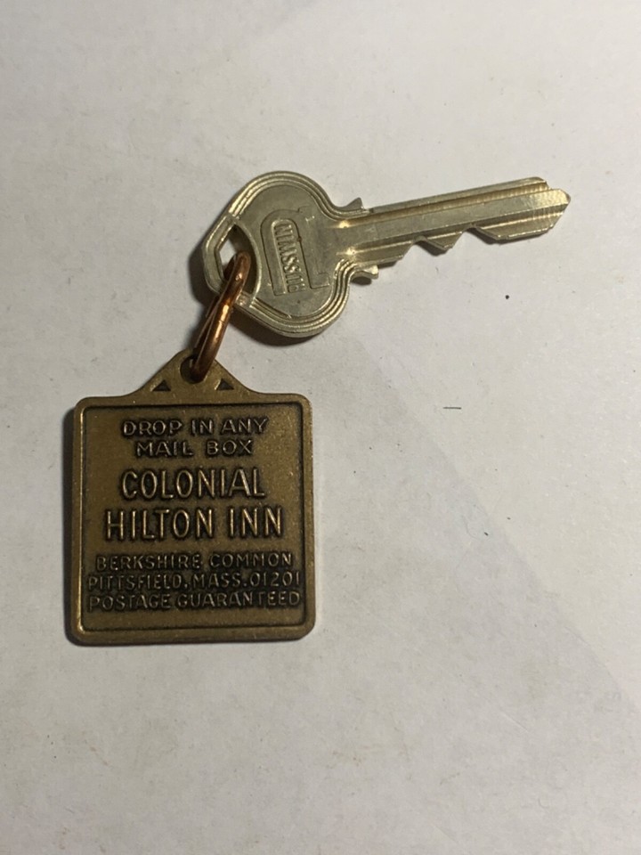 Colonial Hilton Hotel Motel Room Key BRASS Fob with Key Pittsfield Mass ...
