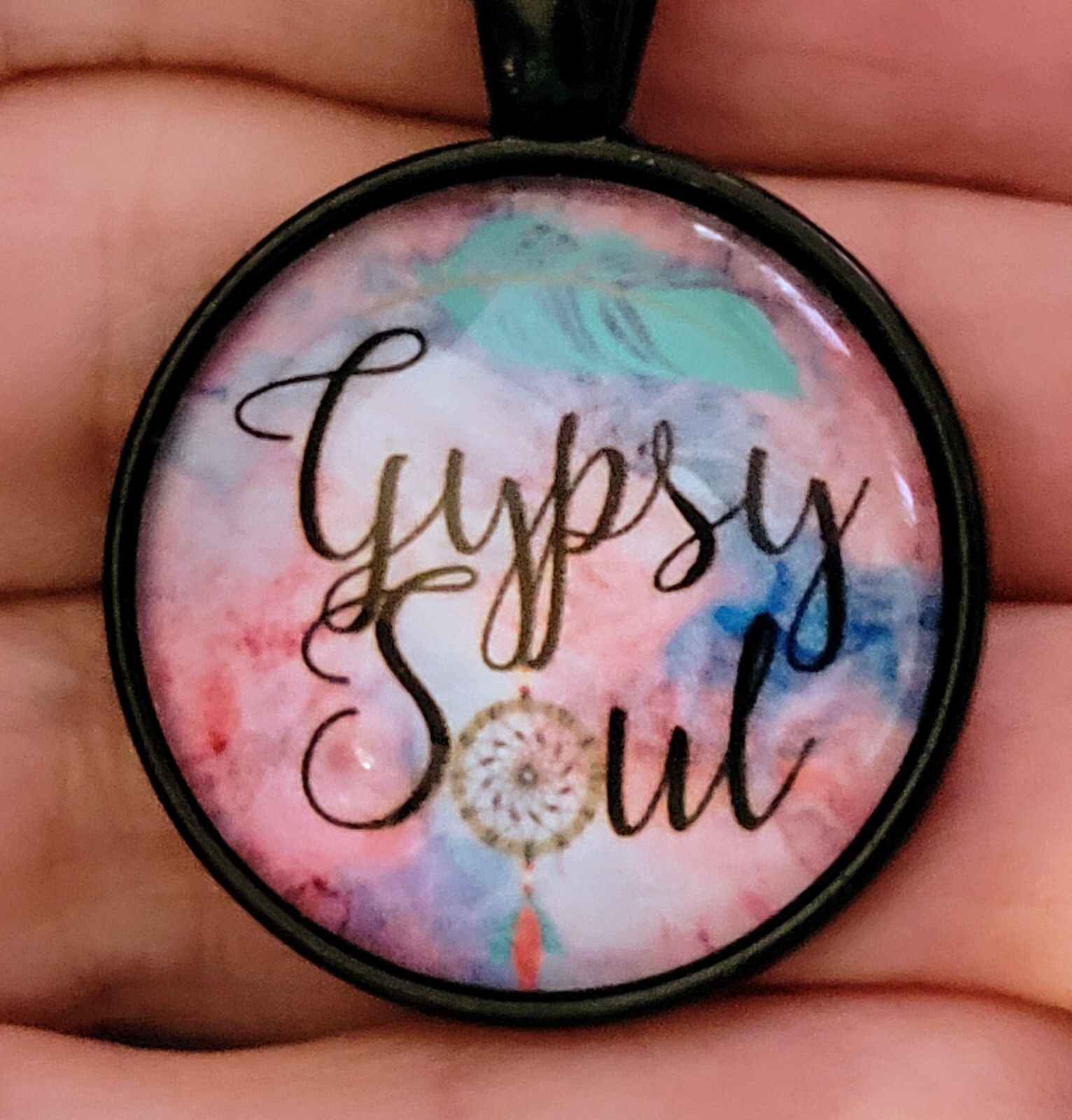 GYPSY SOUL Pendant Necklace PASTEL w/BLACK FRAME Glass & Metal BOHO 20 ...