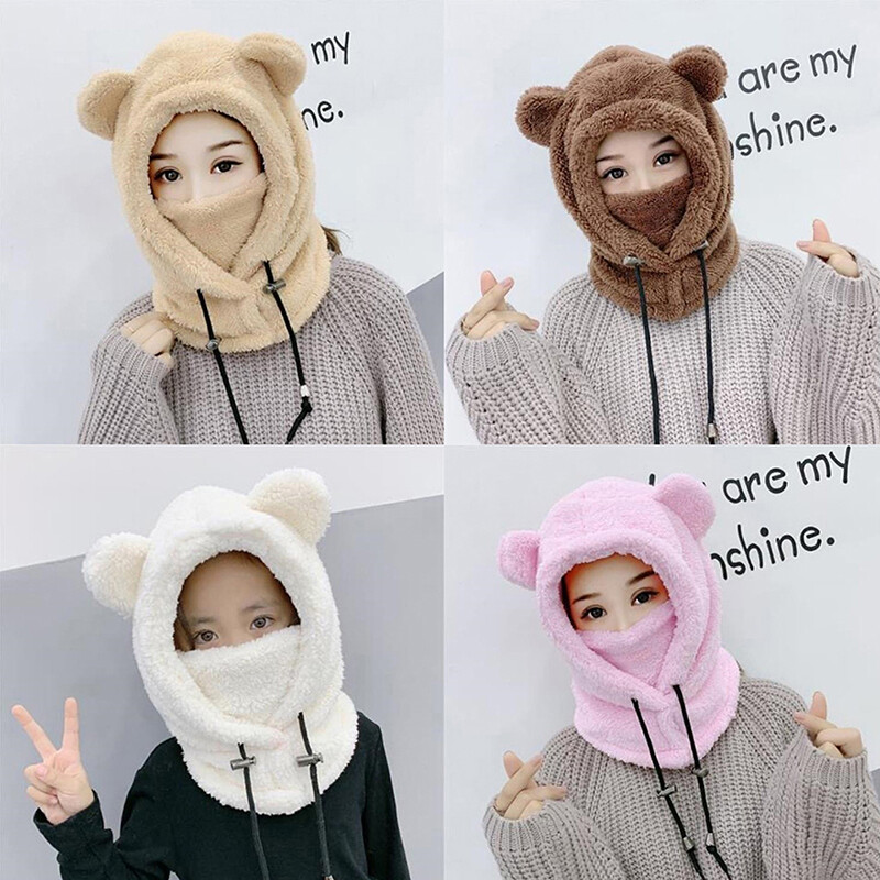 Cute Winter Earflaps Plush Bear Ears Hats adult Warm Mask for Women ...