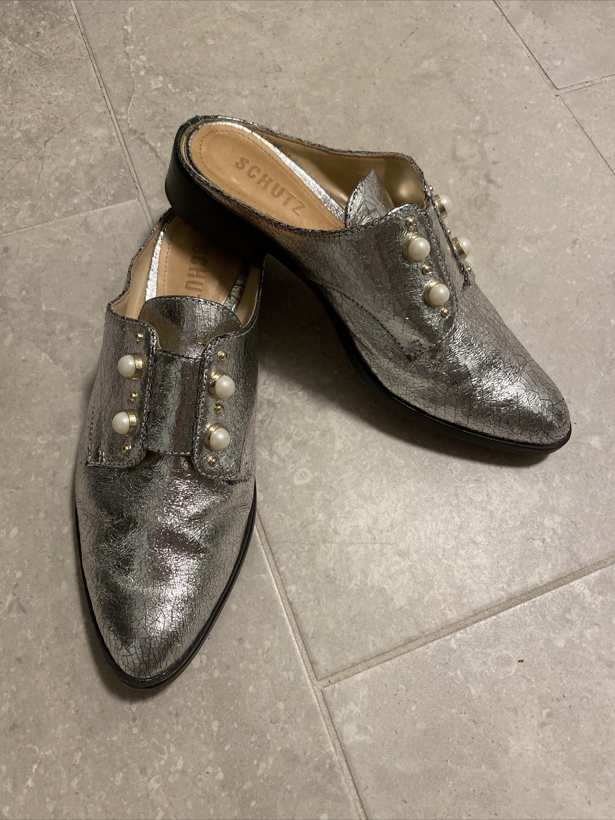 Schutz Silver Jaine Pearl Embellished Mules Size 7 B. - Gem
