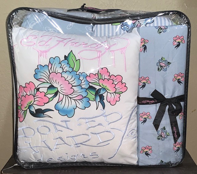 Ed Hardy Blue Reversible Logos/Striped QUEEN Set Comforter, Shams ...