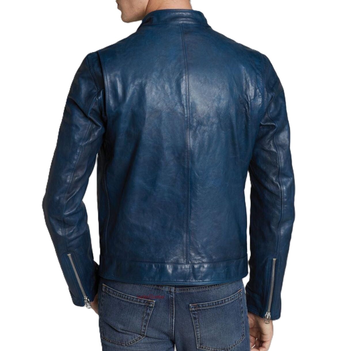 Men's 100% Genuine Lambskin Leather Blue Jacket Moto Biker Cafe Racer ...