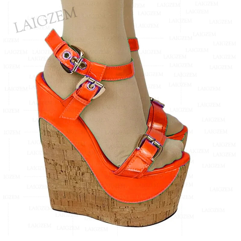 Women Sandals Platform 17CM High Heels Wedges Buckle Straps Shiny Shoes ...