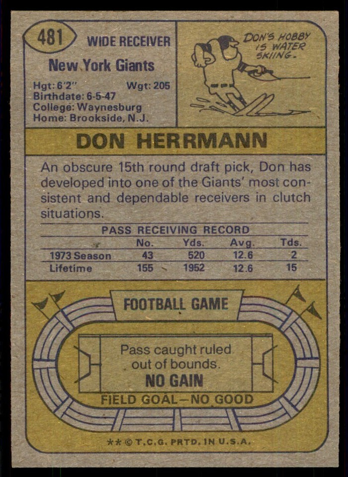 1974 Topps Don Herrmann Football Card New York Giants #481 | eBay