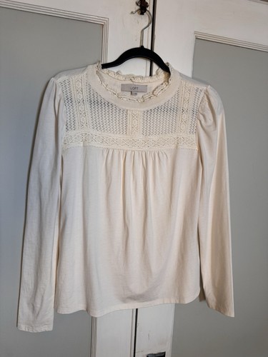 Loft Cream Long Sleeve Top Ruffle Crochet Lace Detail Size Small | eBay