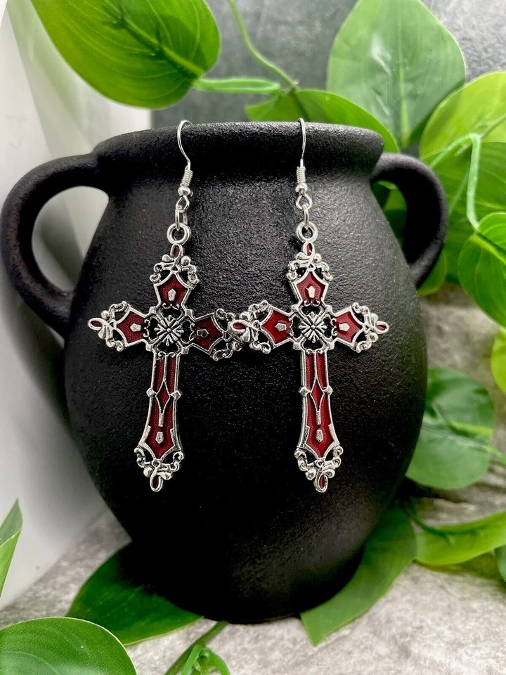 3” Silver-Tone Earring Set Red Enamel Cross Dangle Drop New Free Ship ...