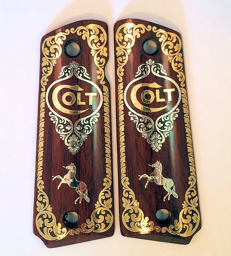COLT 1911 full size custom wood grips gold silver rampant horse logo ...