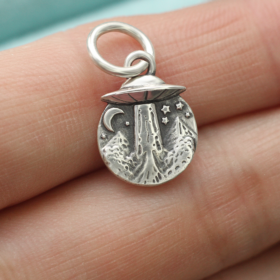 925 Sterling Silver UFO Alien Space Sci-Fi Pendant Charm Star Night ...