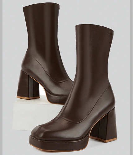 Brown Leather Chunky Heel Ankle Funky Short Boots Square Toe Women's ...