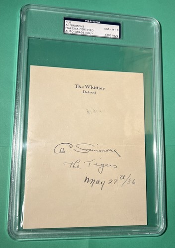 AL SIMMONS SIGNED PSA 8 AUTO GRADE THE WHITTIER DETROIT 1936 HOF RARE ...