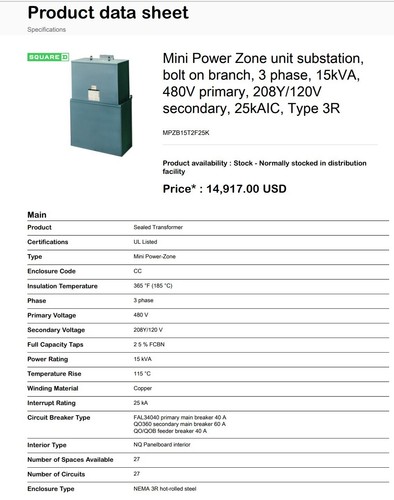 Mini Power Zone unit substation - Square D bolt on branch, 3PH 15kVA ...