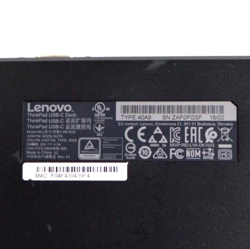Lenovo Thinkpad 40A9 USB-C Dock Station USB 3.0 03X7194 4K DK1633 | eBay