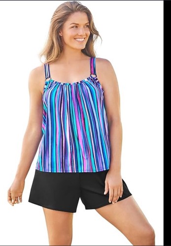 Swimsuits For All Tank Overlay Romper Swim Suit Plus 20 Stripe | eBay