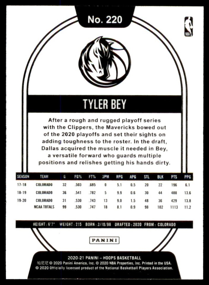 Tyler Bey 2020-21 Hoops Rookie NBA Card #220 Dallas Mavericks | eBay