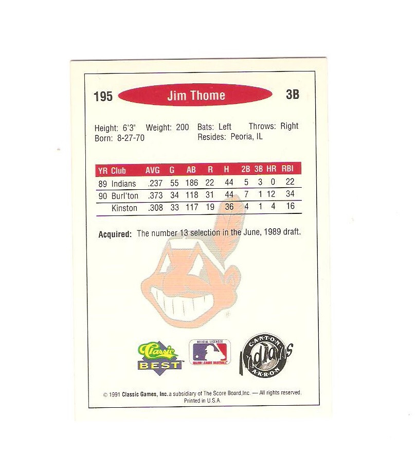 1991 Classic Best Baseball Card #195 Jim Thome Minor League Rookie Card ...