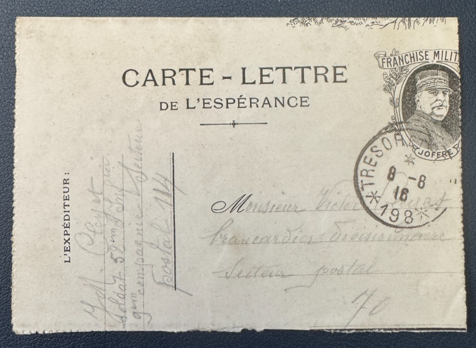 WW1 Military Correspondence / Letter Card JOFFRE / In Alsace Reward ...