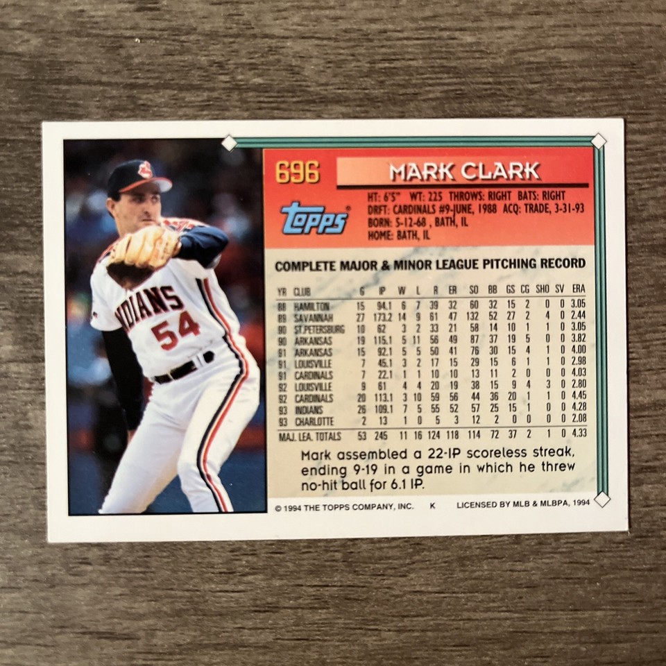 1994 Topps Mark Clark Baseball Card #696 MLB Indians | eBay